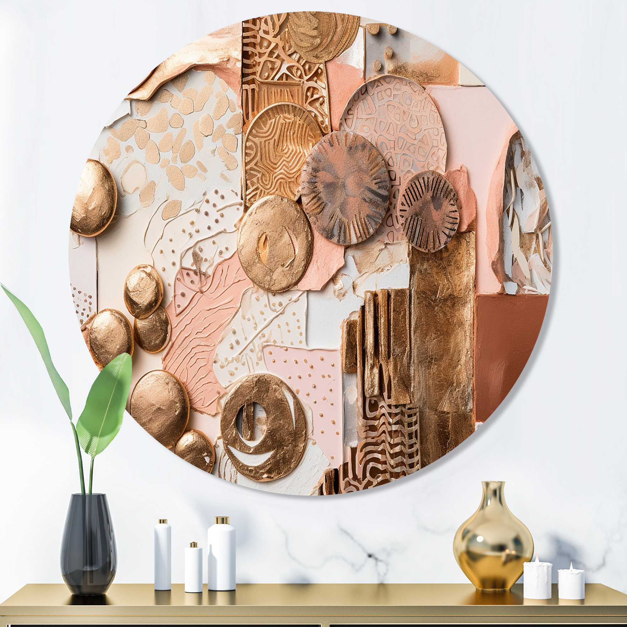 Red Barrel Studio® Gold And White Geometric Serenity II - Abstract Geometric Round Metal Wall ...